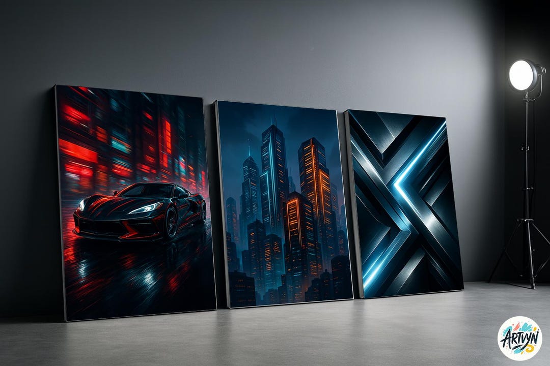 3-set Modern Men’s Room Wall Art Prints | Ultra-realistic 8K Vector Art ...