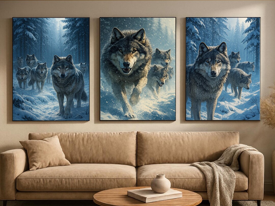 Wolf Pack Triptych Wall Art Set | Wildlife Winter Forest Print | Snowy ...