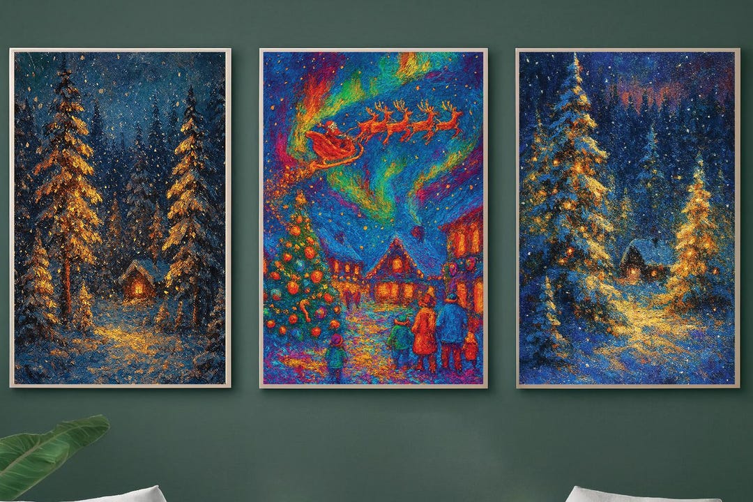 Set of 3 Impressionist Winter Prints, Magical Christmas Village Wall ...