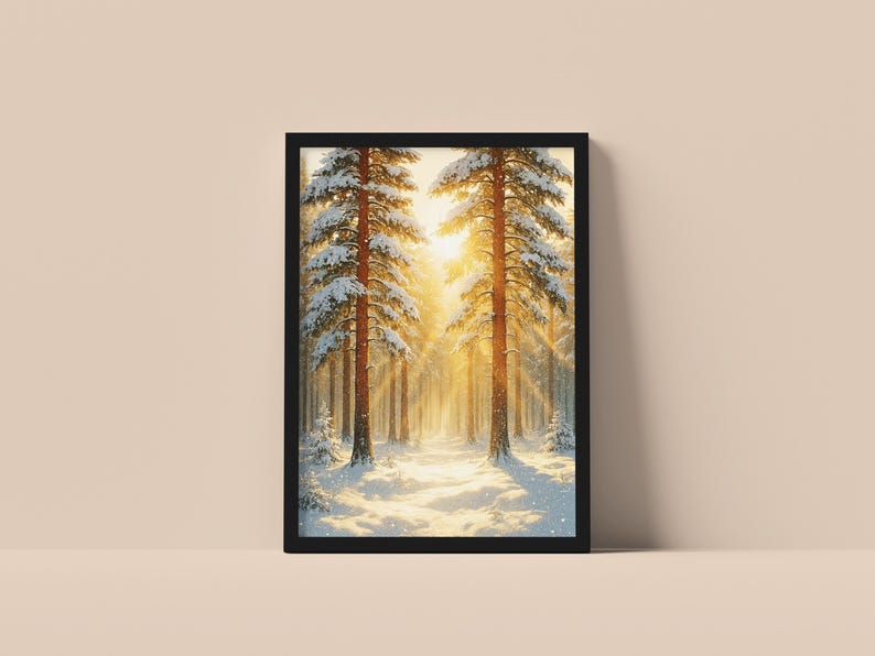Pine Forest Triptych Wall Art Set | Winter Snow Sunburst Print | Misty ...