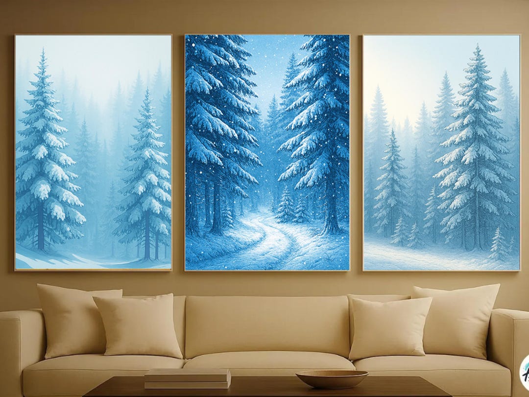 Icy Blue Forest Triptych Wall Art | Snowy Pine Winter Landscape Print ...