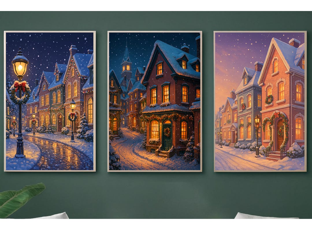 Nostalgic Christmas Village Print Set, Snowy European Street Art ...