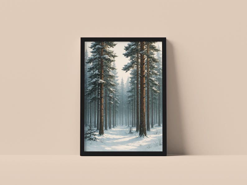 Pine Forest Triptych Wall Art Set | Winter Snow Sunburst Print | Misty ...