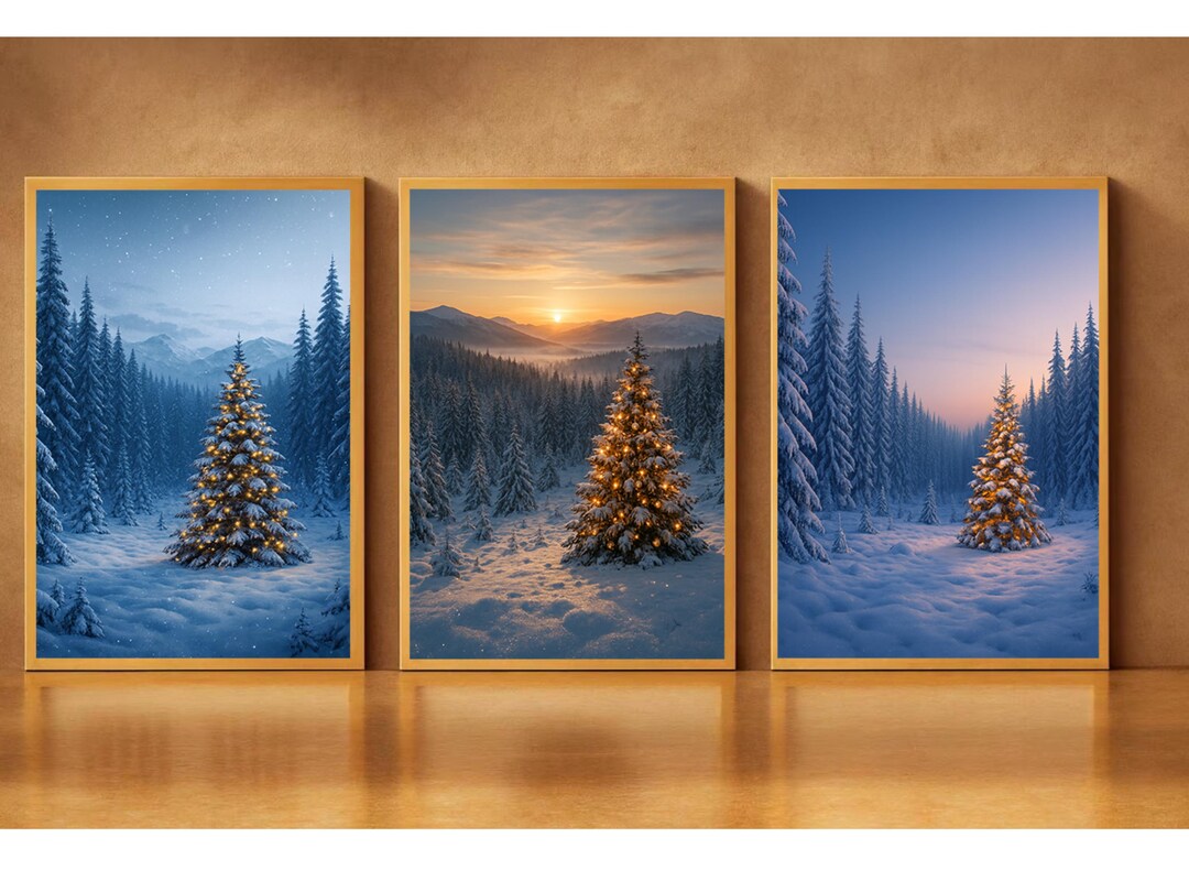 3 Piece Illuminated Christmas Tree Wall Art Set | Snowy Forest Sunrise ...