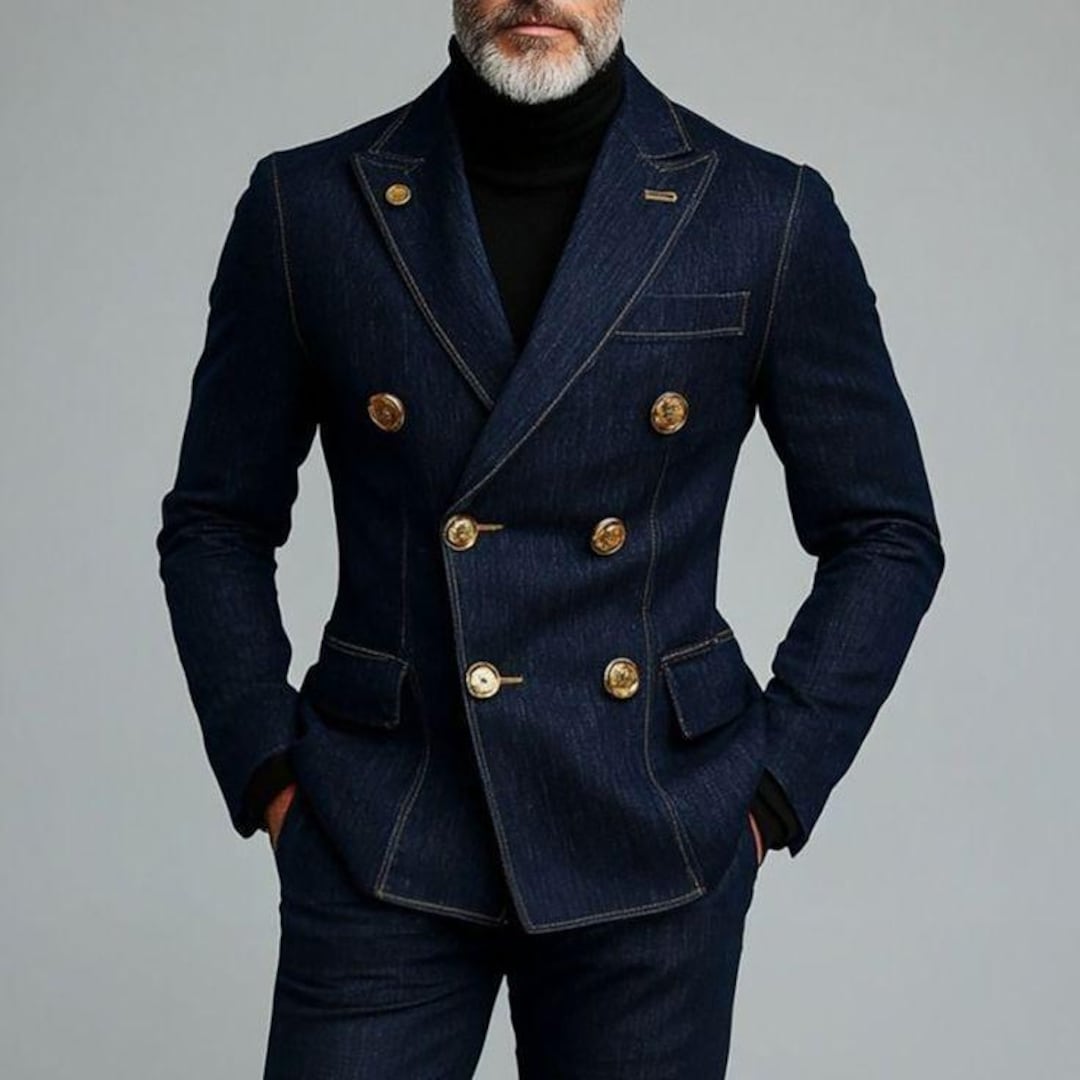 Men’s Denim Blazer Suit | Elegant Double Breasted Blue Jean Suit ...