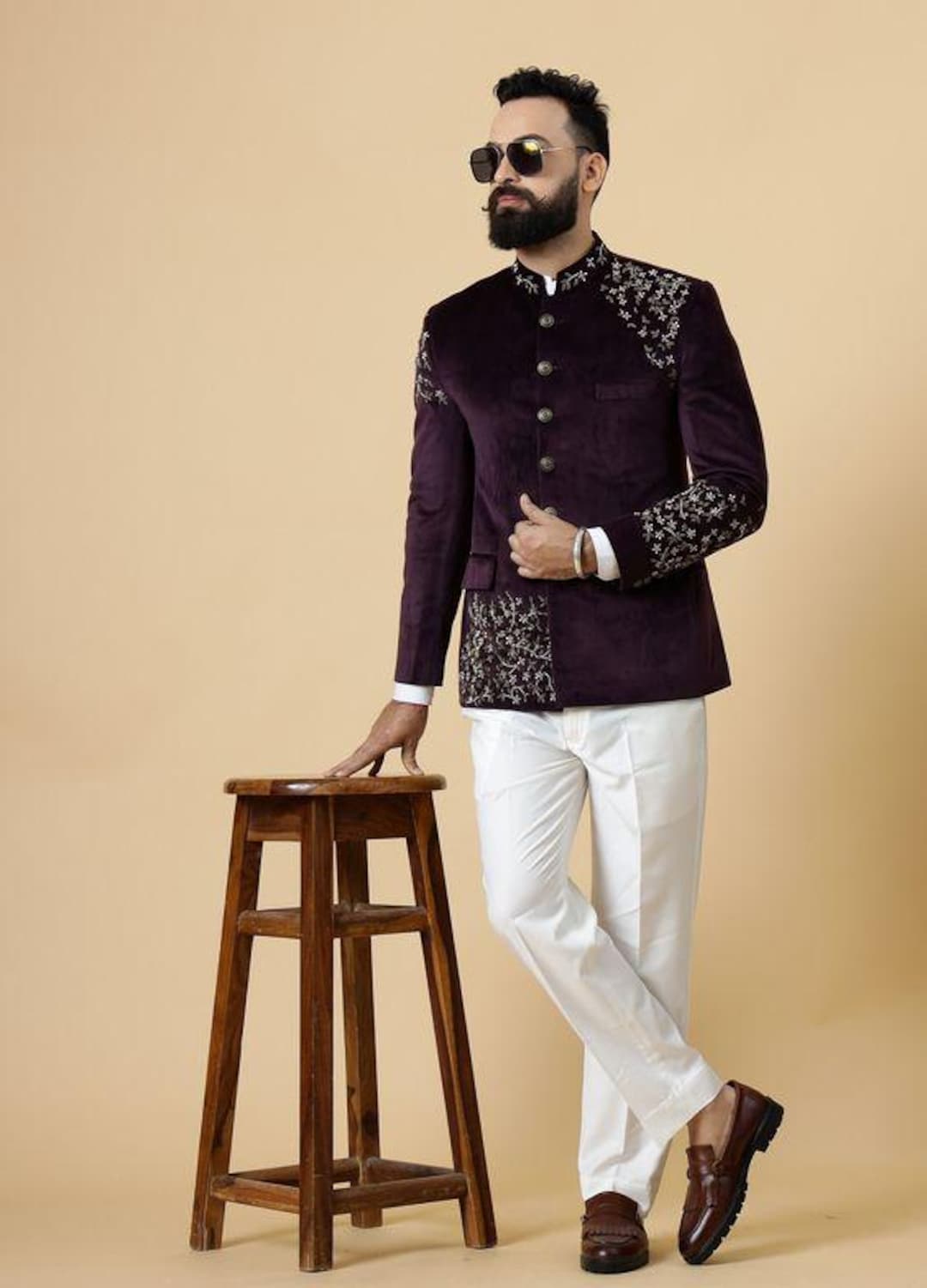 Men's Velvet Embroidered Bandhgala Suit: Royal Purple Jacket, White ...