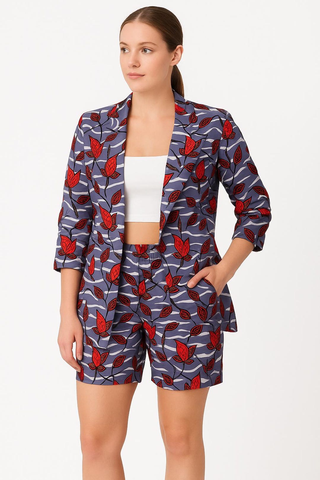 Coat and Shorts Set in Kitenge Blue & Red Print, Long Sleeve Cotton - Etsy