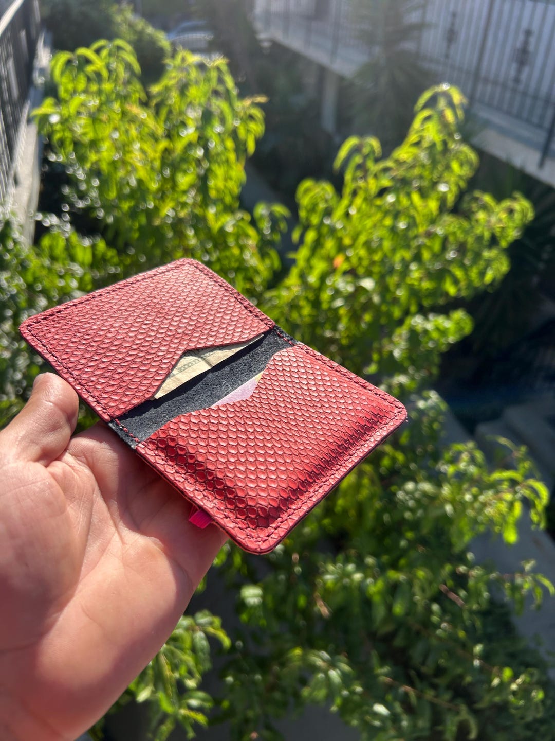 Handmade Red Snake Leather Card Wallet: Slim, Secure Elastic Closure - Etsy