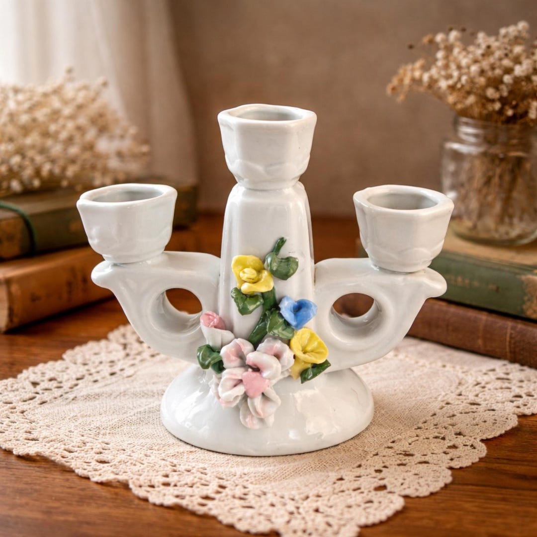 Vintage Porcelain Floral Triple Candle Holder Small Candelabra Cottage ...
