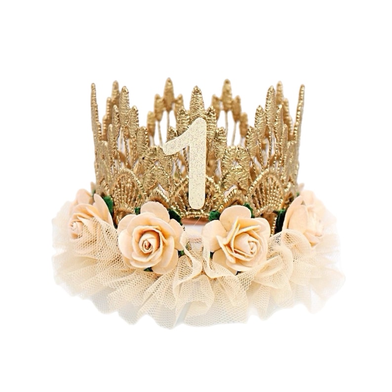 First Birthday Crown | Rose Gold Lace, Peach Roses, Cake Smash Prop - Etsy