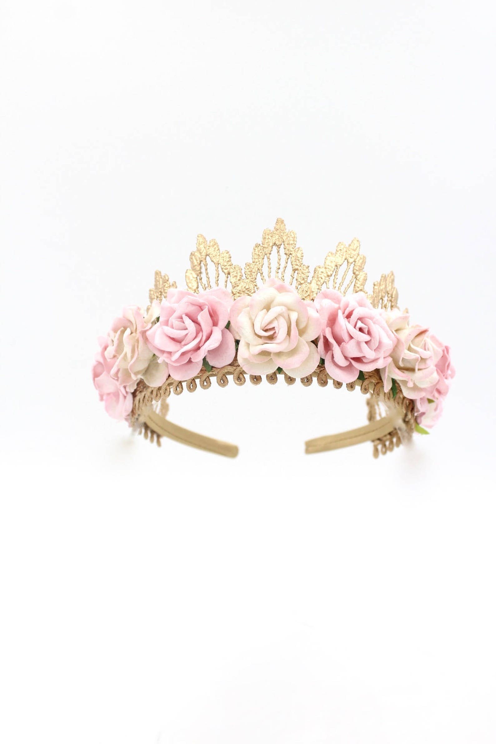 Rose Gold Lace TIARA With Large Blush Pink Roses Flower - Etsy