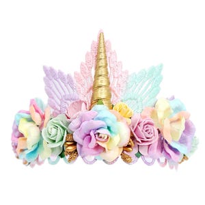 Unicorn Tiara: Pastel Rainbow Flower Crown, Gold Shell Horn - Etsy