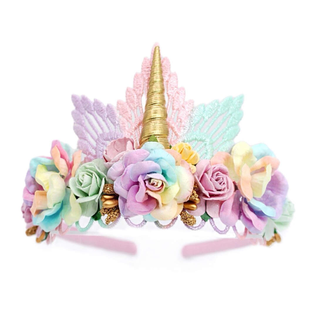 Unicorn Tiara: Pastel Rainbow Flower Crown, Gold Shell Horn - Etsy