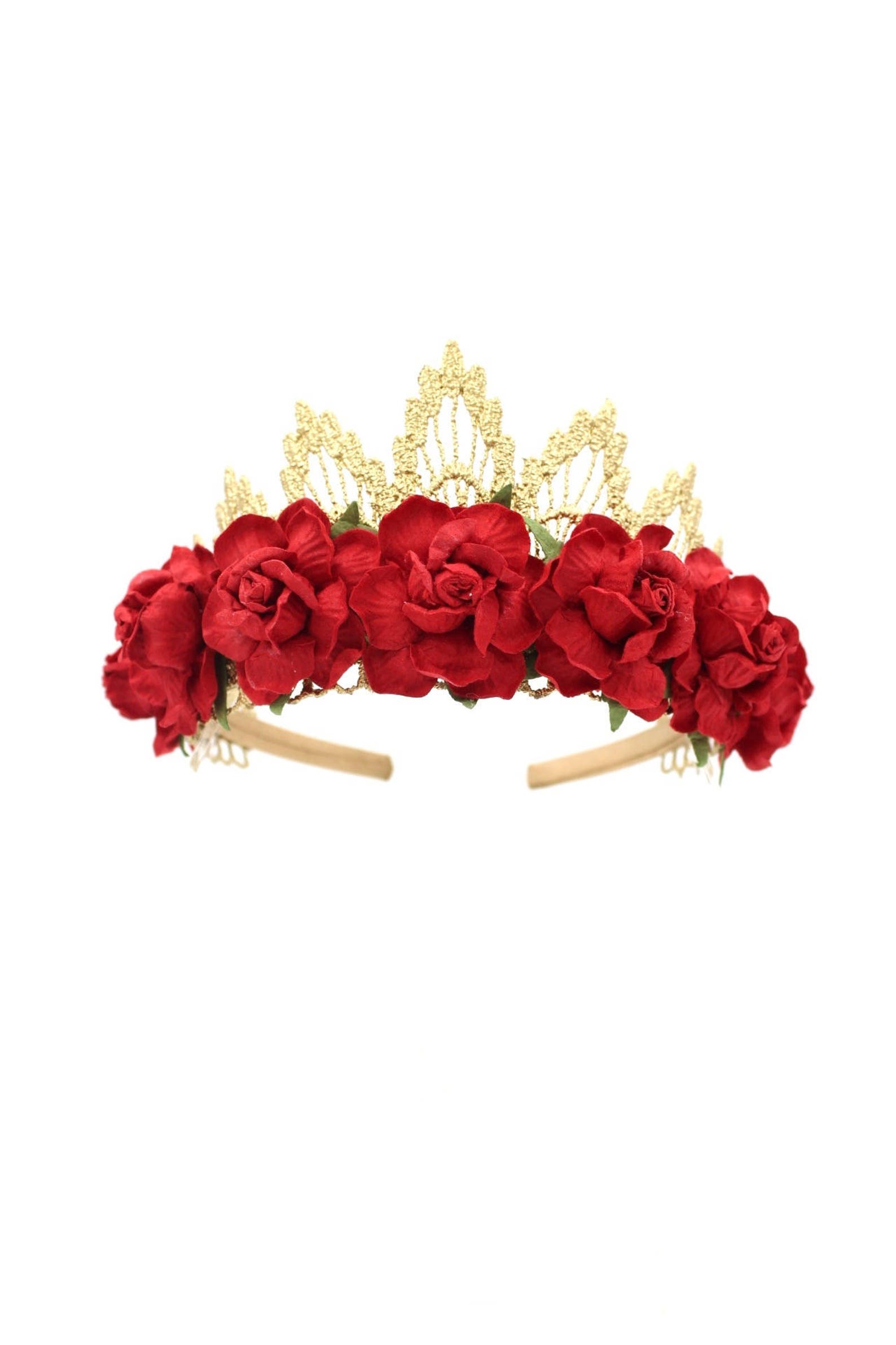 Sienna Gold Lace TIARA With Large Red Roses Flower Girl or - Etsy