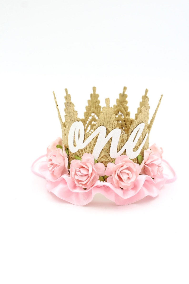 First Birthday Lace Crown Cursive ONE Gold Pale Pink - Etsy