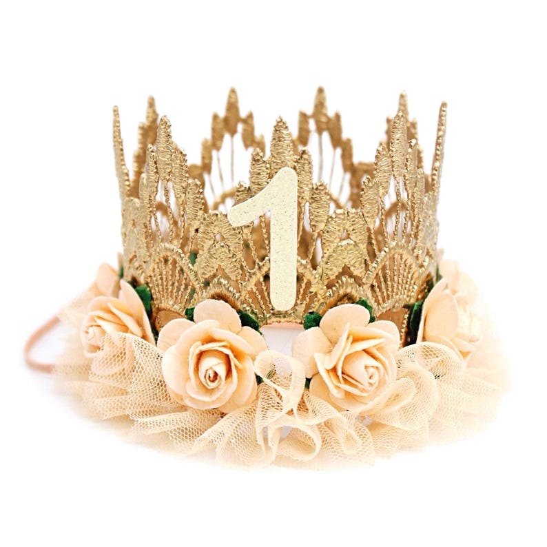 First Birthday Crown | Rose Gold Lace, Peach Roses, Cake Smash Prop - Etsy