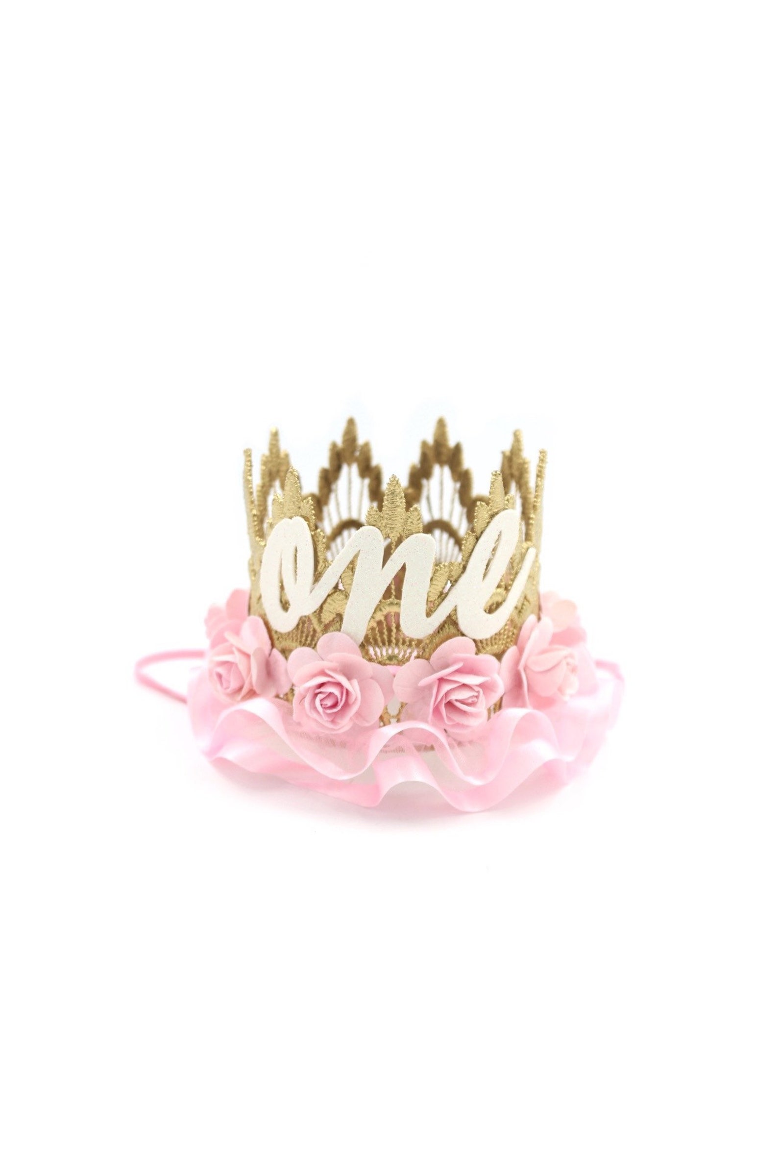First Birthday Lace Crown Cursive ONE Gold Pale Pink - Etsy