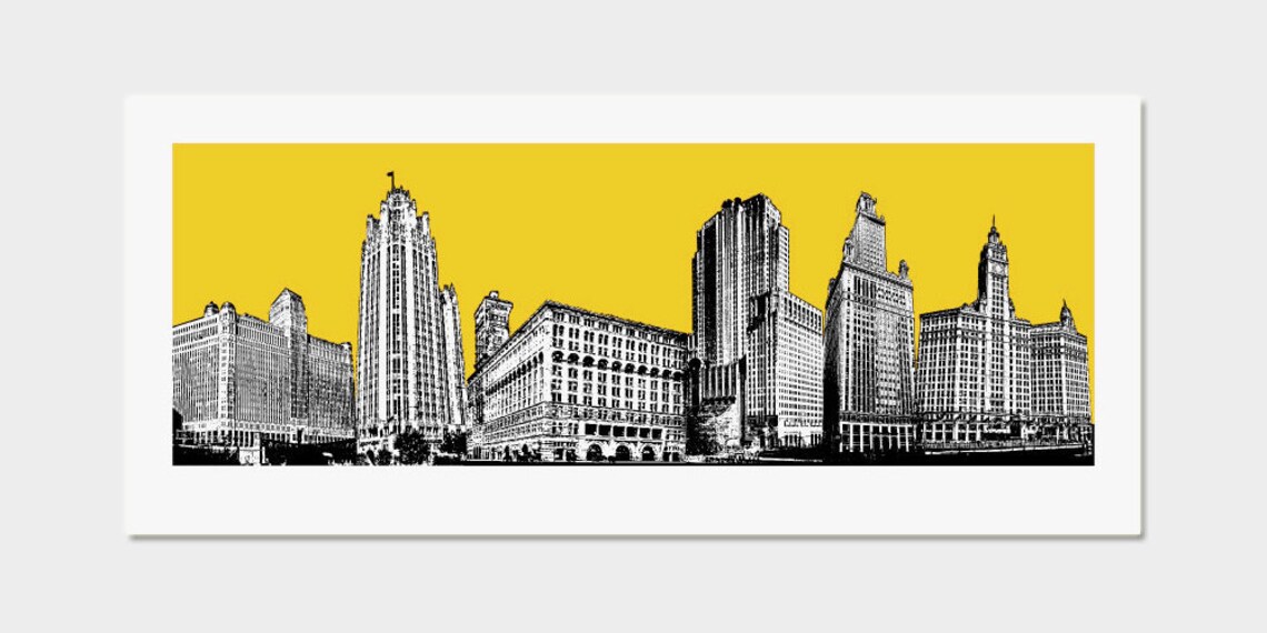 Chicago Art Print Pop Art Deco Skyline - Yellow - Wall Decor - Hand ...