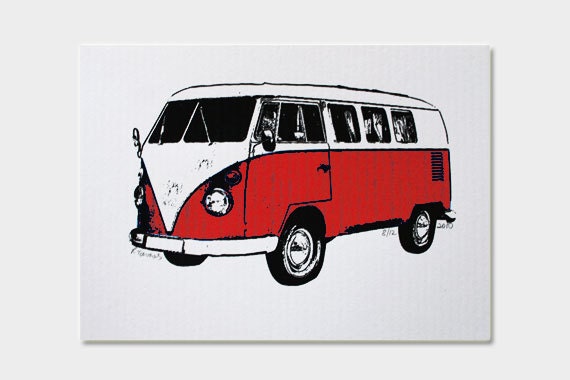 VW Van Art Print red Hand Printed 5X7 | Etsy