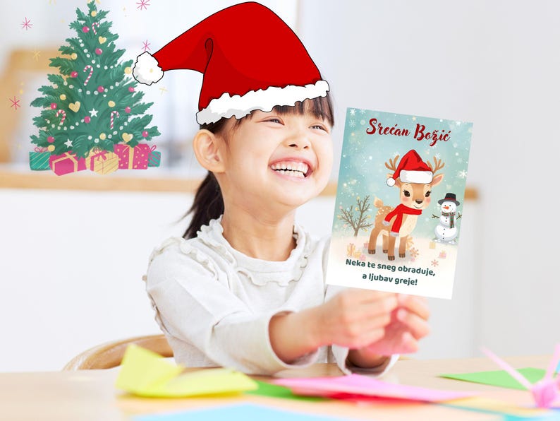 Cute Reindeer Serbian Christmas Card - Snow Scene Printable (digital ...