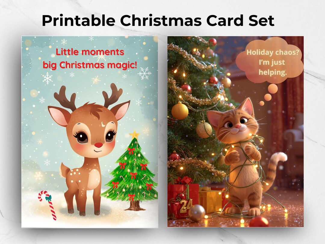 Funny Christmas Animals Cards Bundle – Cat & Reindeer Holiday Printable ...