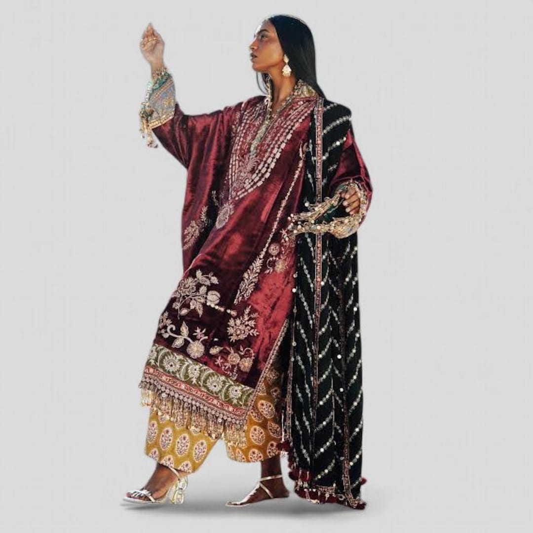 Embroidered Maroon Velvet Shalwar Kameez, Designer Lace, Custom Size ...