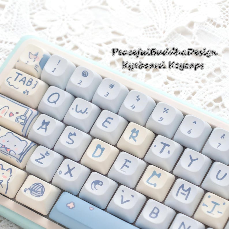 114pcs Cute Cartoon Keycap Set, Healing Blue Keycaps, PBT Keycaps, MOA ...