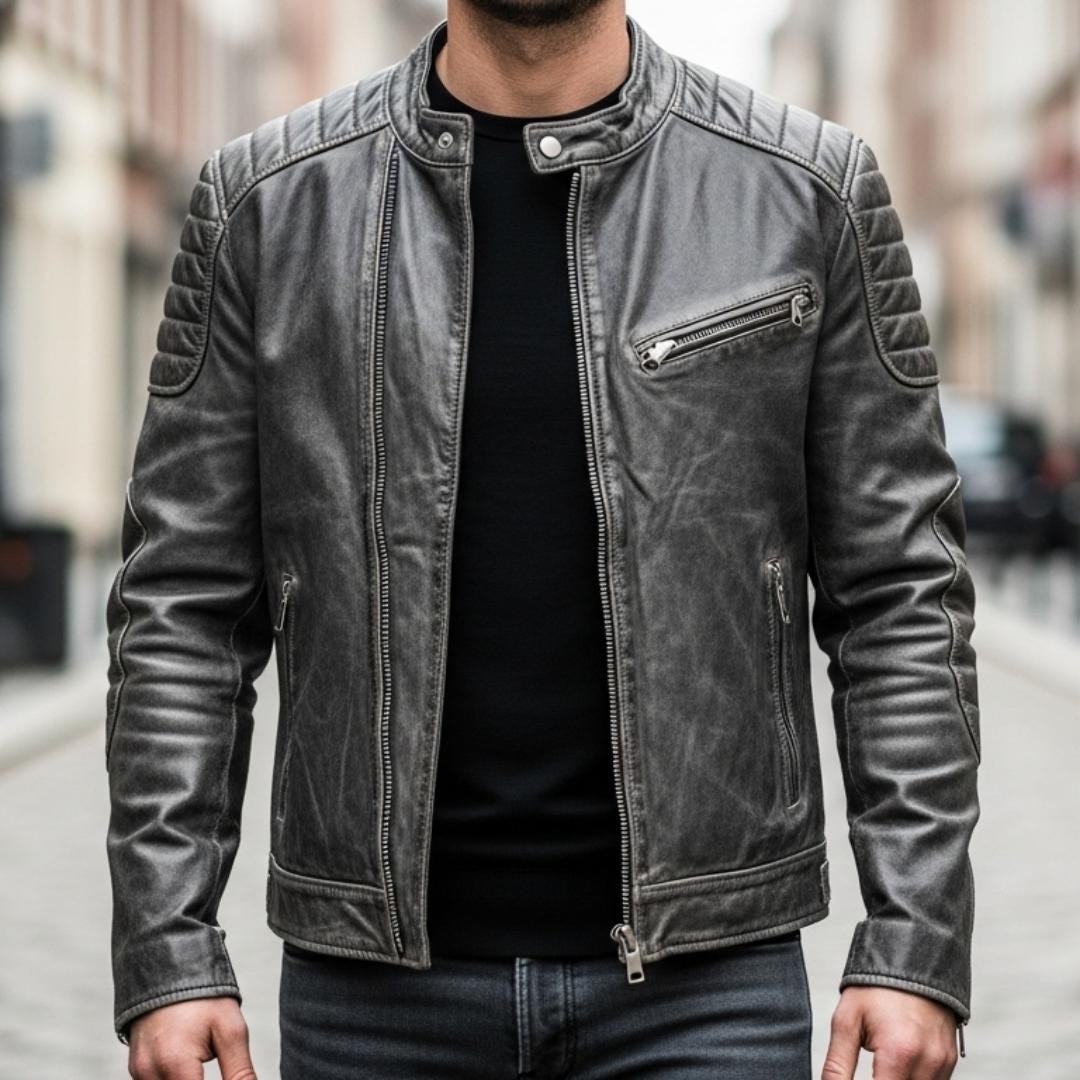 Men's Distressed Gray Leather Biker Jacket | Vintage Washed Cafe Racer ...