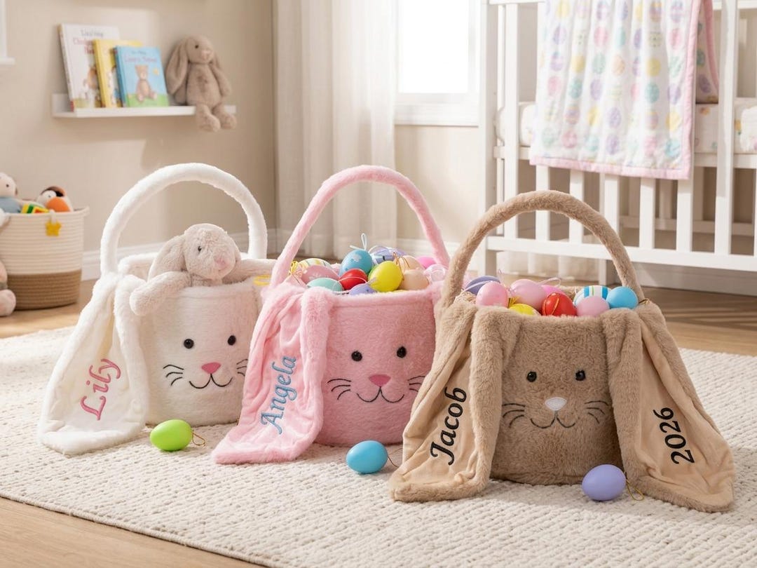 Personalized Kids Bunny Basket With Name, Embroidered Plush Easter ...