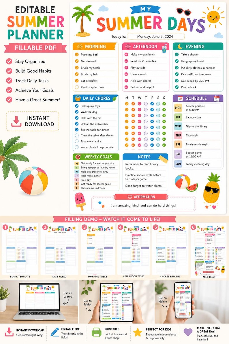 Editable Kids Summer Routine Planner: Daily Chores, Schedule, Habits ...