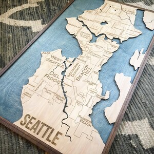 SEATTLE Wood Engraved Map Art - 12x20" or Larger - 3-D Water and City ...
