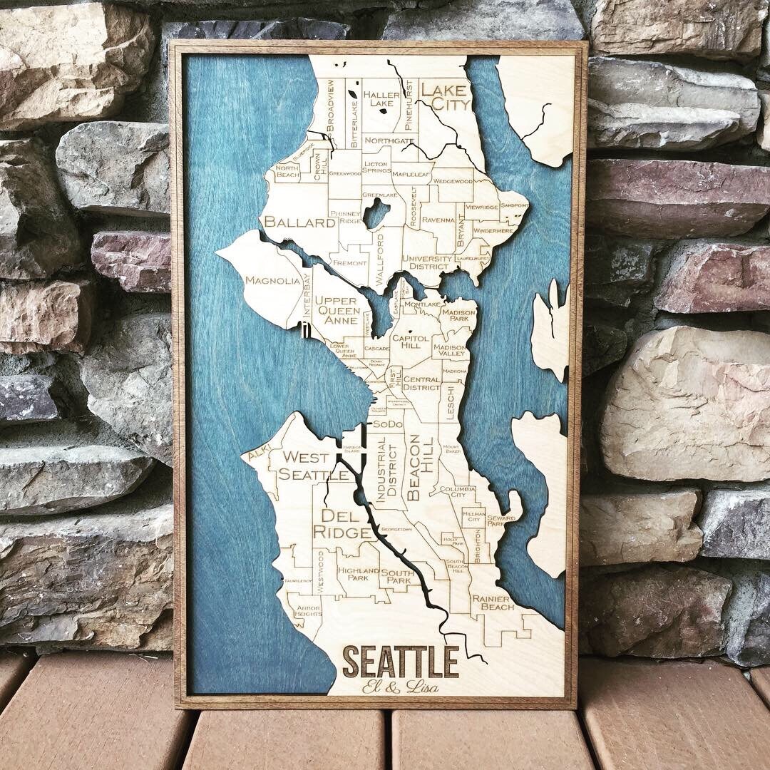 SEATTLE Wood Engraved Map Art - 12x20" or Larger - 3-D Water and City ...