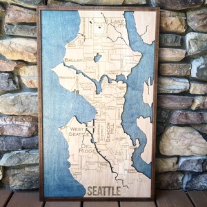 SEATTLE Wood Engraved Map Art - 12x20" or Larger - 3-D Water and City ...