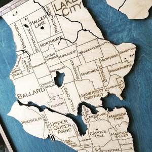 SEATTLE Wood Engraved Map Art - 12x20" or Larger - 3-D Water and City ...