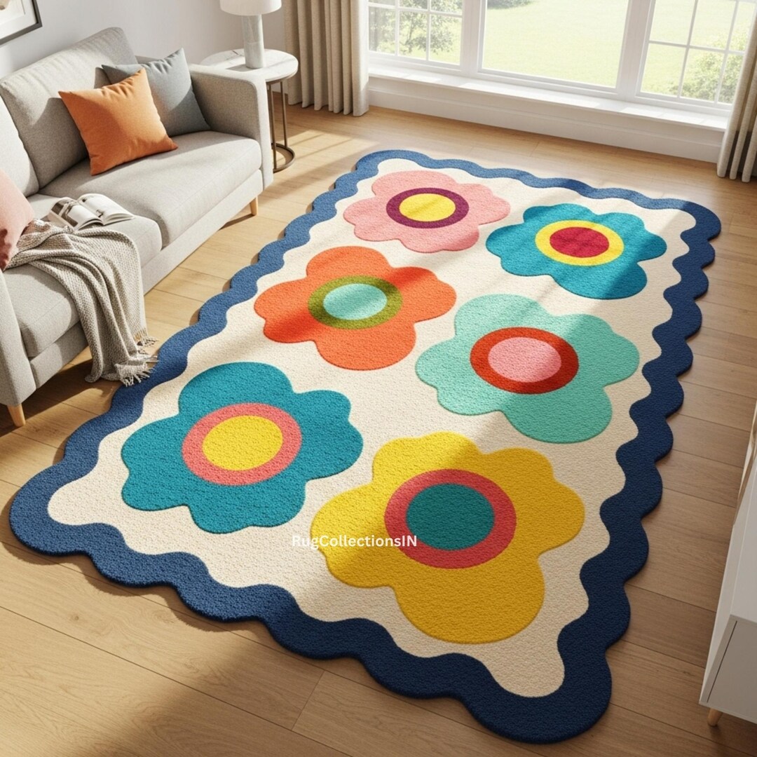 Retro Flower Rug | Colorful Hand Tufted Wool Carpet | Boho Kids Room ...