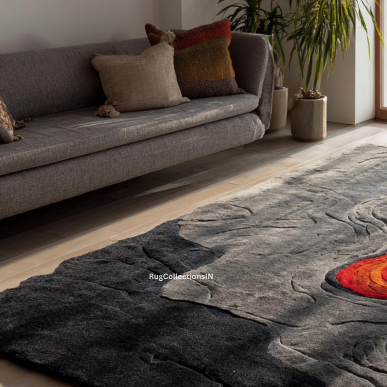 Abstract Wave Design Rug, Hand-tufted Fire and Stone Area Rug, Modern ...