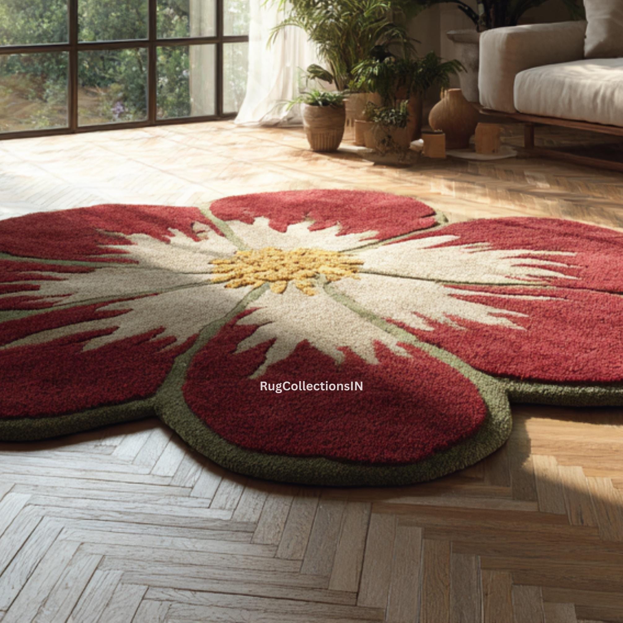 Hand-tufted Wool Flower Rug | Red & Green Floral, Custom Size - Etsy
