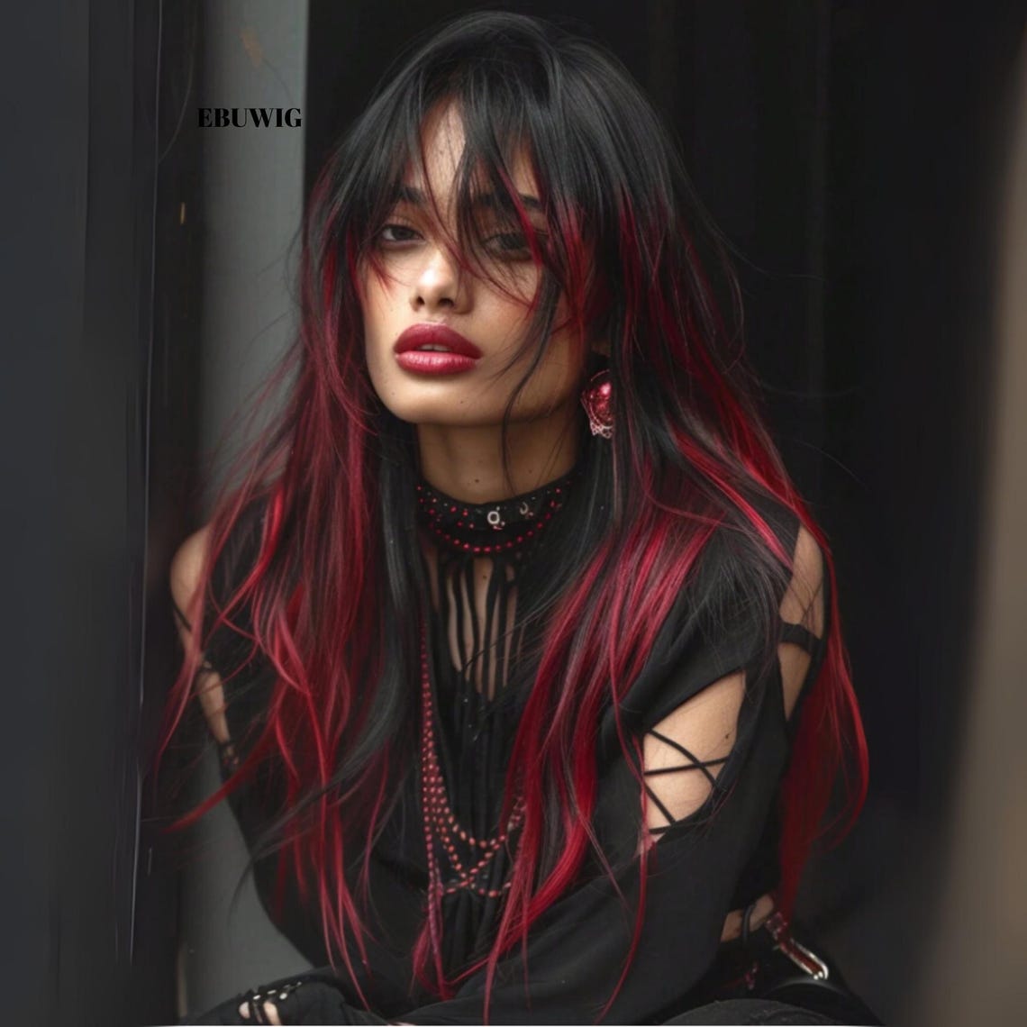Multicolor Wig With Bangs, Long Natural Curly Synthetic Hair, Black Red ...