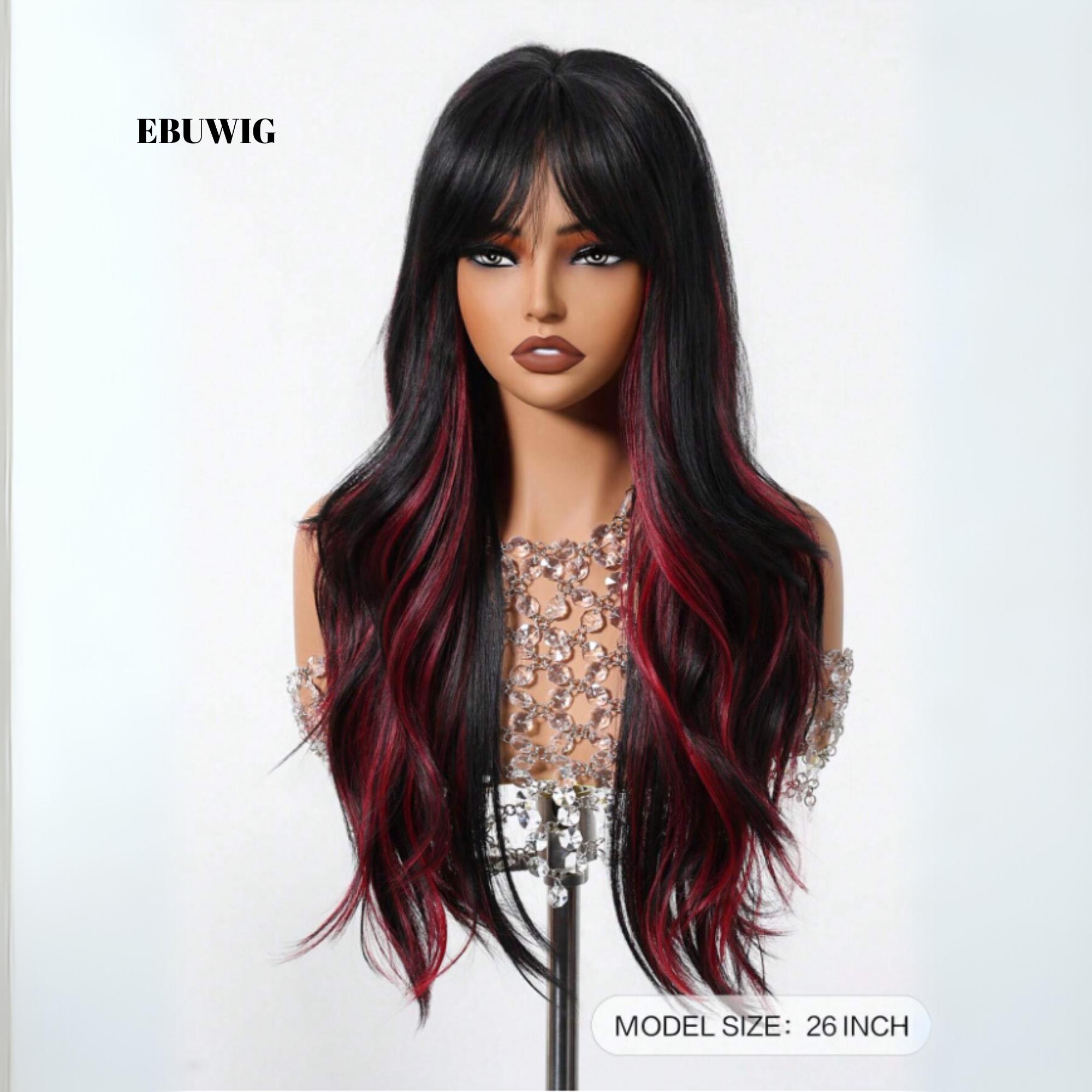 Multicolor Wig With Bangs, Long Natural Curly Synthetic Hair, Black Red ...
