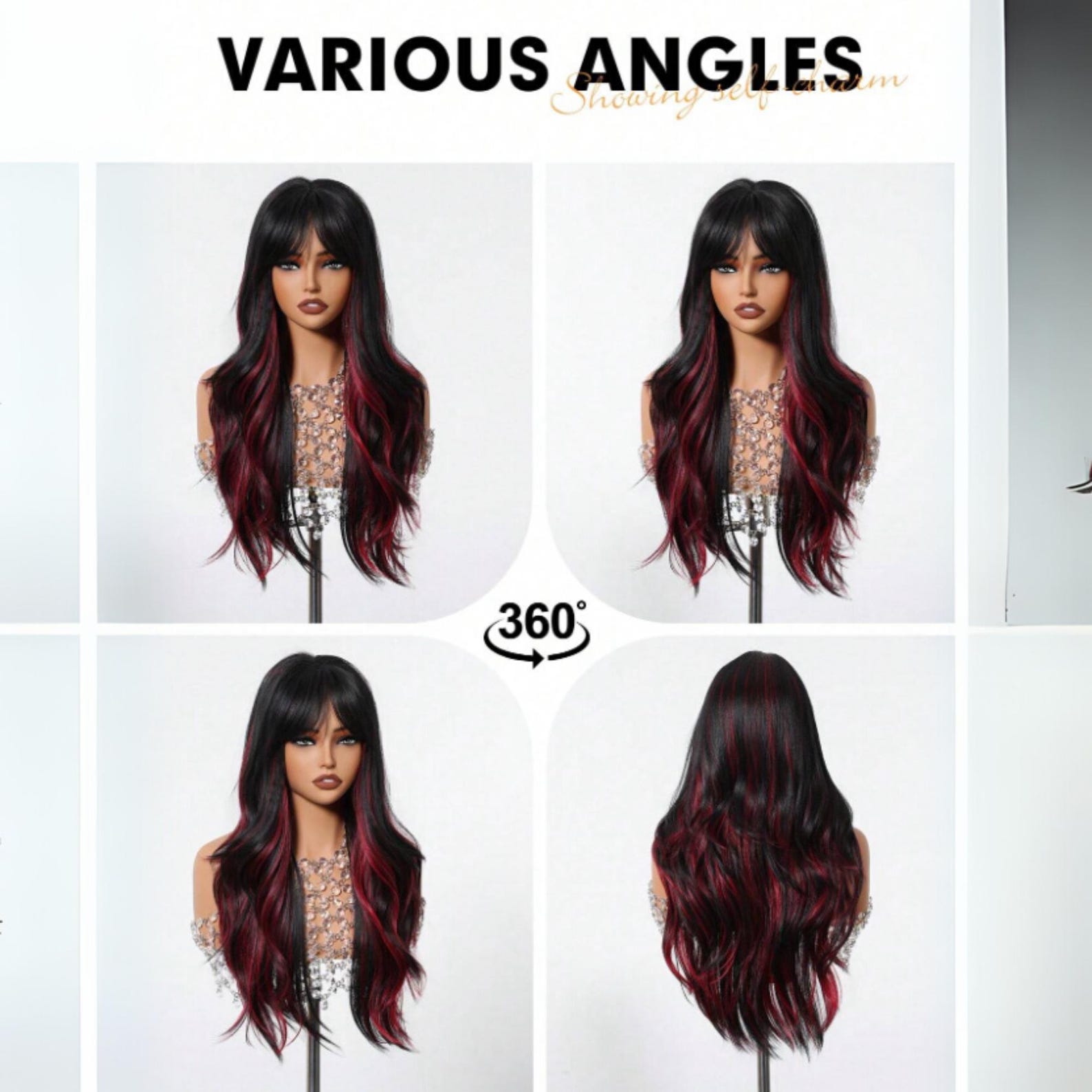 Multicolor Wig With Bangs, Long Natural Curly Synthetic Hair, Black Red ...