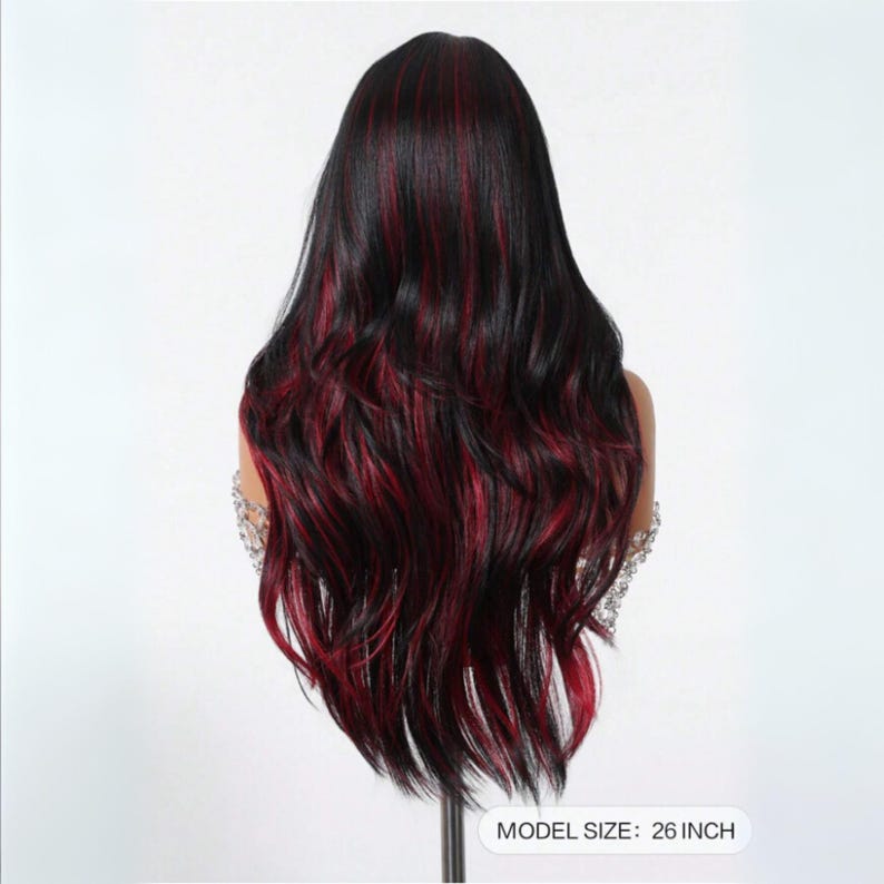 Multicolor Wig With Bangs, Long Natural Curly Synthetic Hair, Black Red ...