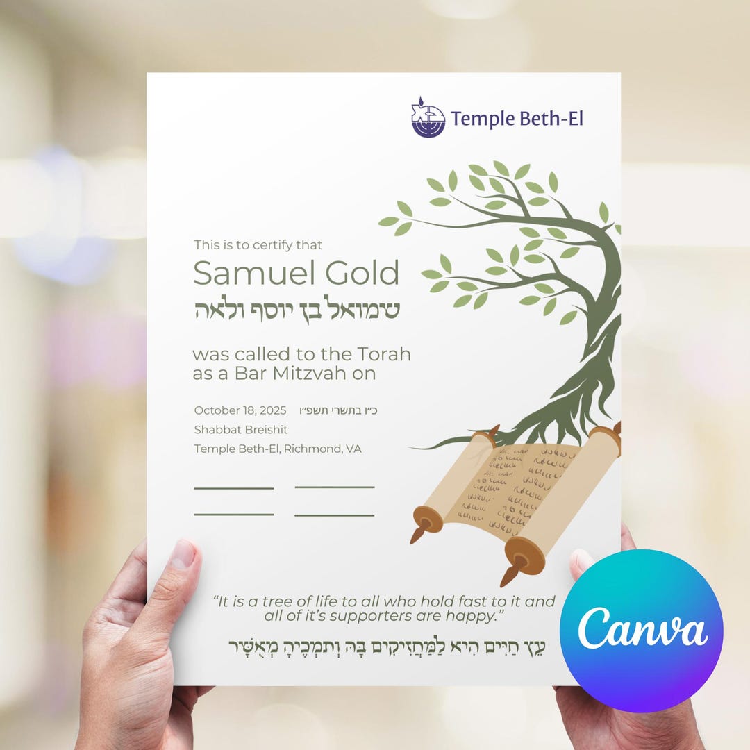Personalized Bar / Bat Mitzvah Certificate Canva Template (digital ...