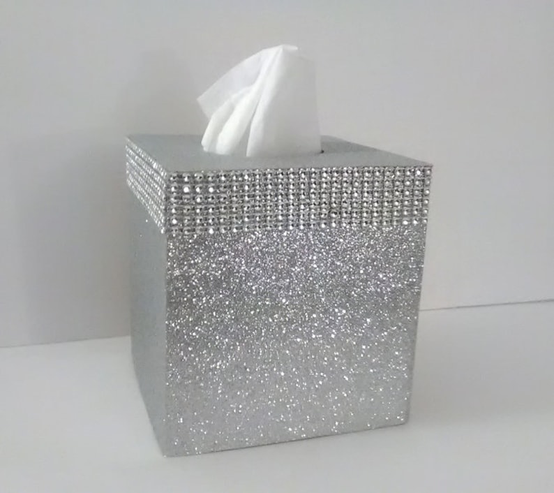 SILVER GLITTER & DIAMOND Wrap Tissue Box Cover-fine Glitter W/silver ...