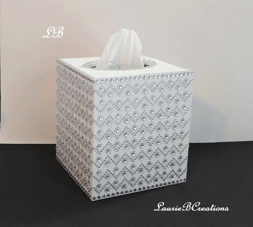 BLING TISSUE BOX Cover- White W/sparkling Jeweled Rhinestones ...