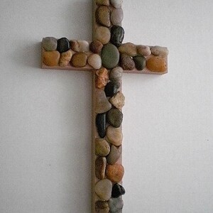 RIVER ROCK Wall Cross - Hand Painted Beige Wood Cross W/ River Pebble ...