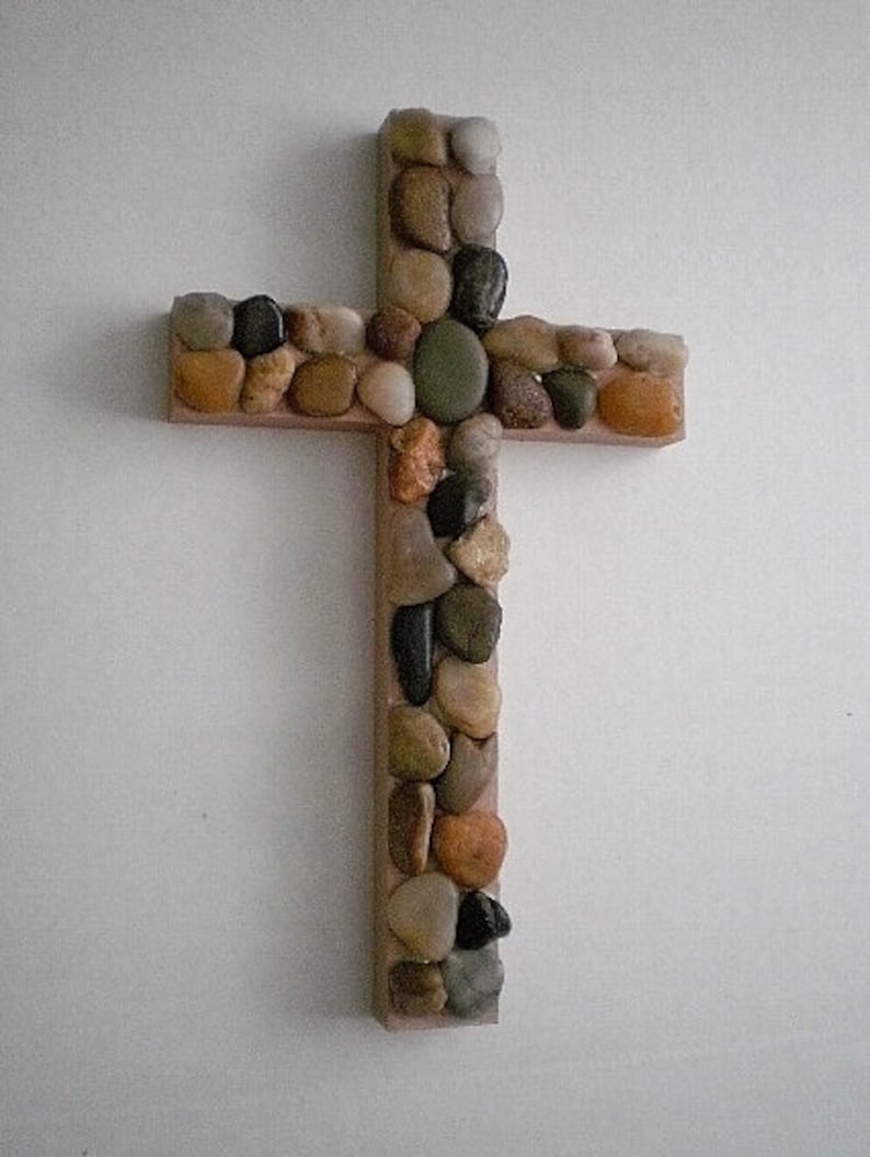 RIVER ROCK Wall Cross - Hand Painted Beige Wood Cross W/ River Pebble ...