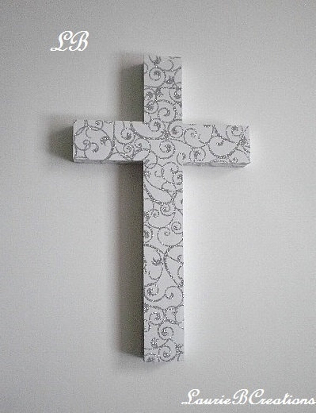 SILVER SWIRL CROSS White Wall Cross W/ Sparkling Silver Glitter Swirls ...
