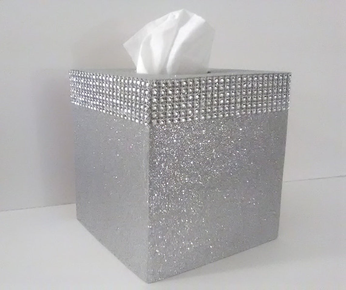 SILVER GLITTER & DIAMOND Wrap Tissue Box Cover-fine Glitter W/silver ...