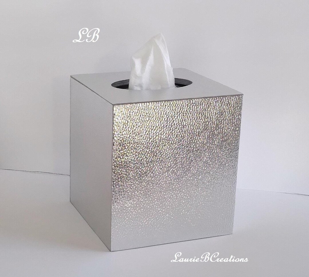 METALLIC SILVER TISSUE Box Cover - Textured Vinyl Square Tissue Holder ...