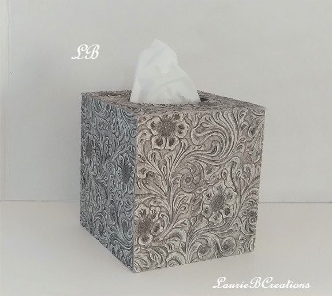 FLORAL TEXTURED TISSUE Box Cover Embossed Vinyl Flower and Swirl Leaf ...